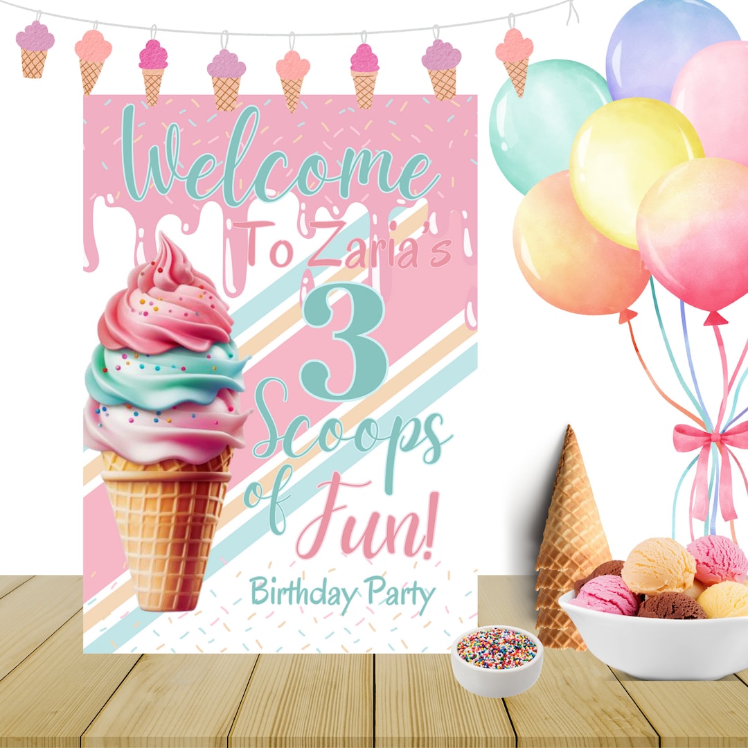 3 Scoops of Fun, 3 Year Olds Ice-cream Themed Birthday Party, Custom ...