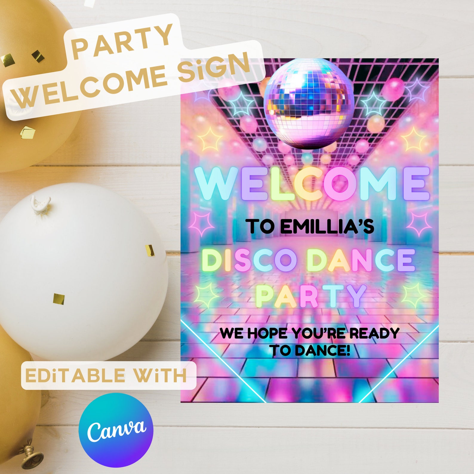 Editable Kids Disco Dance Birthday Party Welcome Sign, Neon Dance Party ...