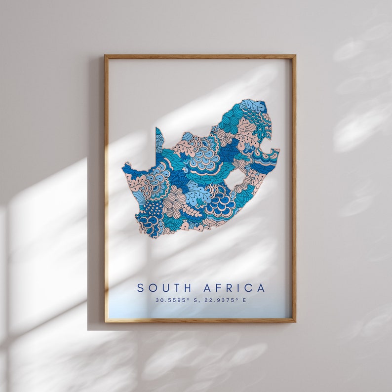South Africa Map Print Minimal Style Pastel Blue Wall Art, South Africa ...