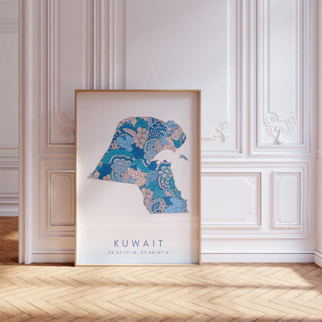 Kuwait Map Print Minimal Style Pastel Blue Wall Art, Kuwait Art Print ...