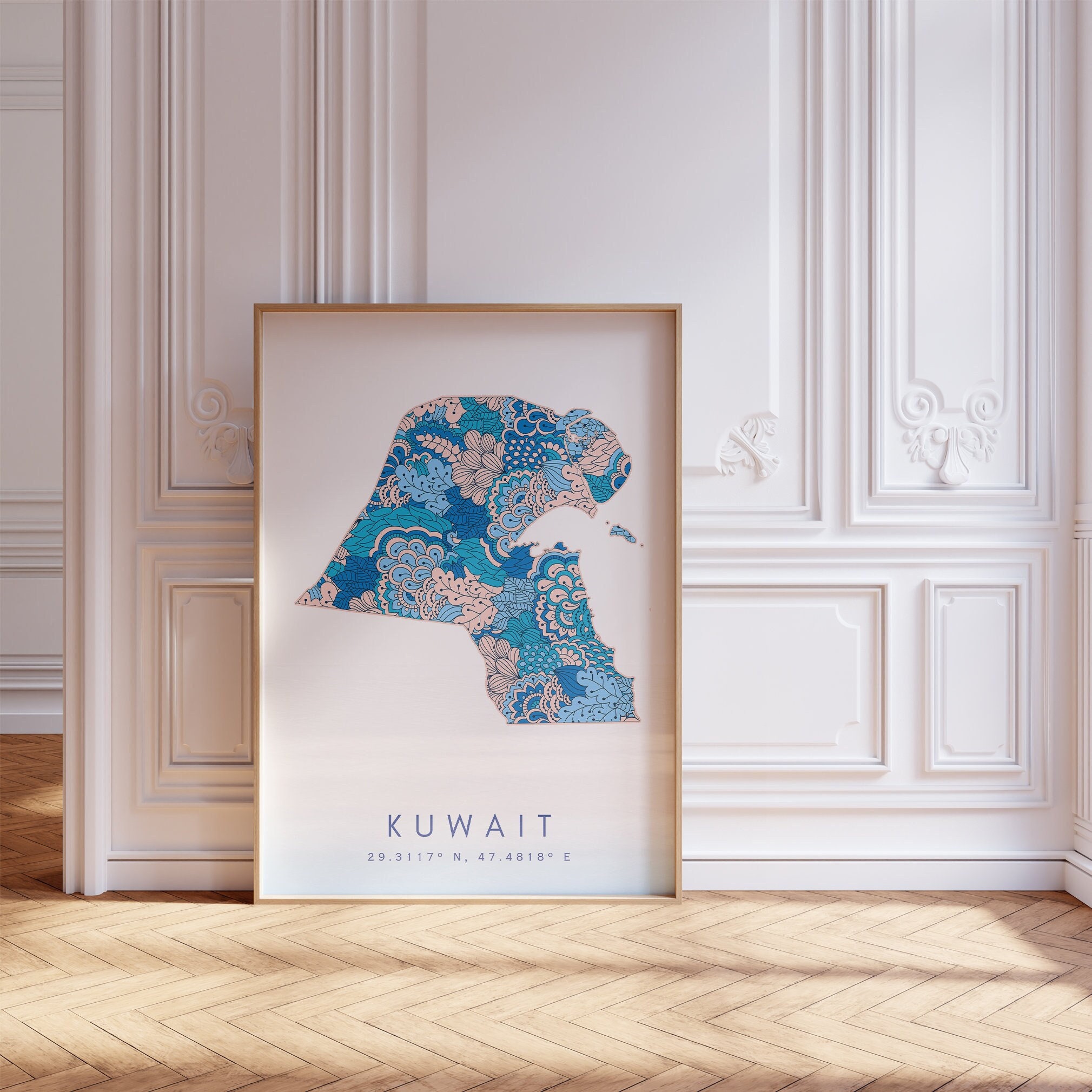 Kuwait Map Print Minimal Style Pastel Blue Wall Art, Kuwait Art Print ...