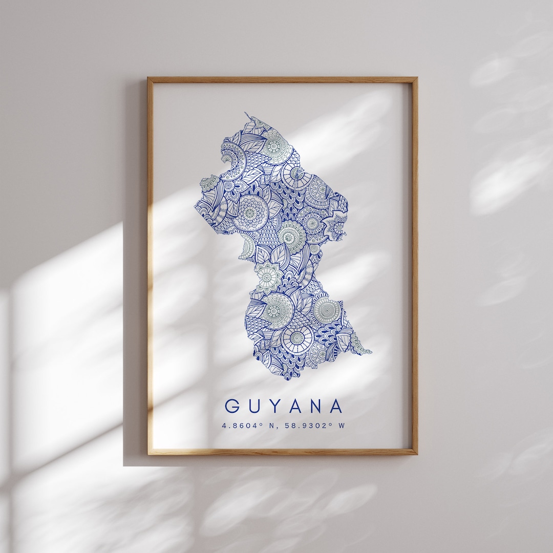 Guyana Map Print Minimal Style Blue Wall Art, Guyana Art Print Decor ...