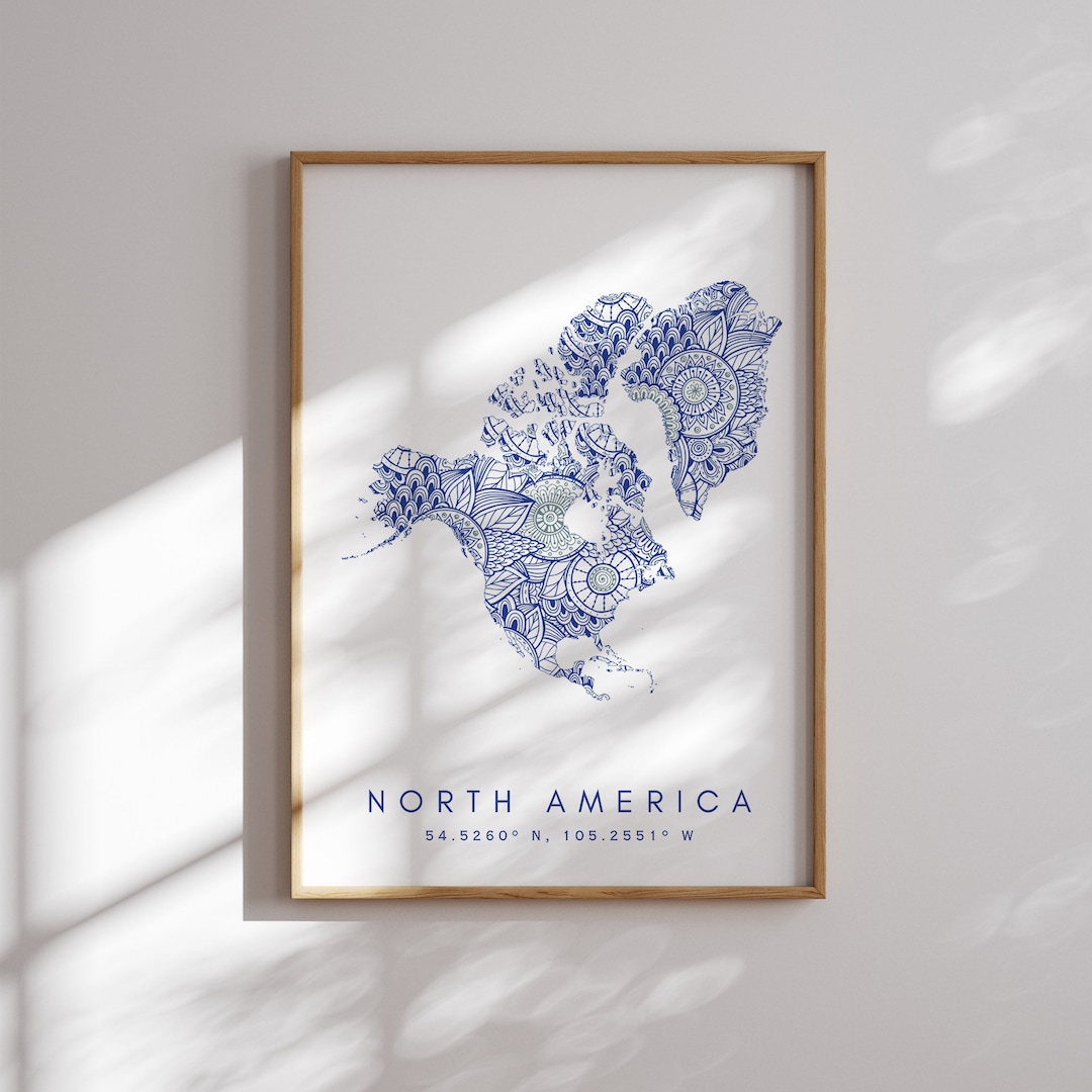 North America Map Print Minimal Style Blue Wall Art, North America Art ...