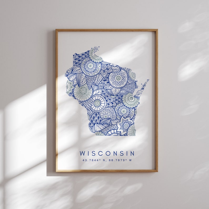 Wisconsin US State Blue Minimal Style Map Print, Wisconsin USA State ...