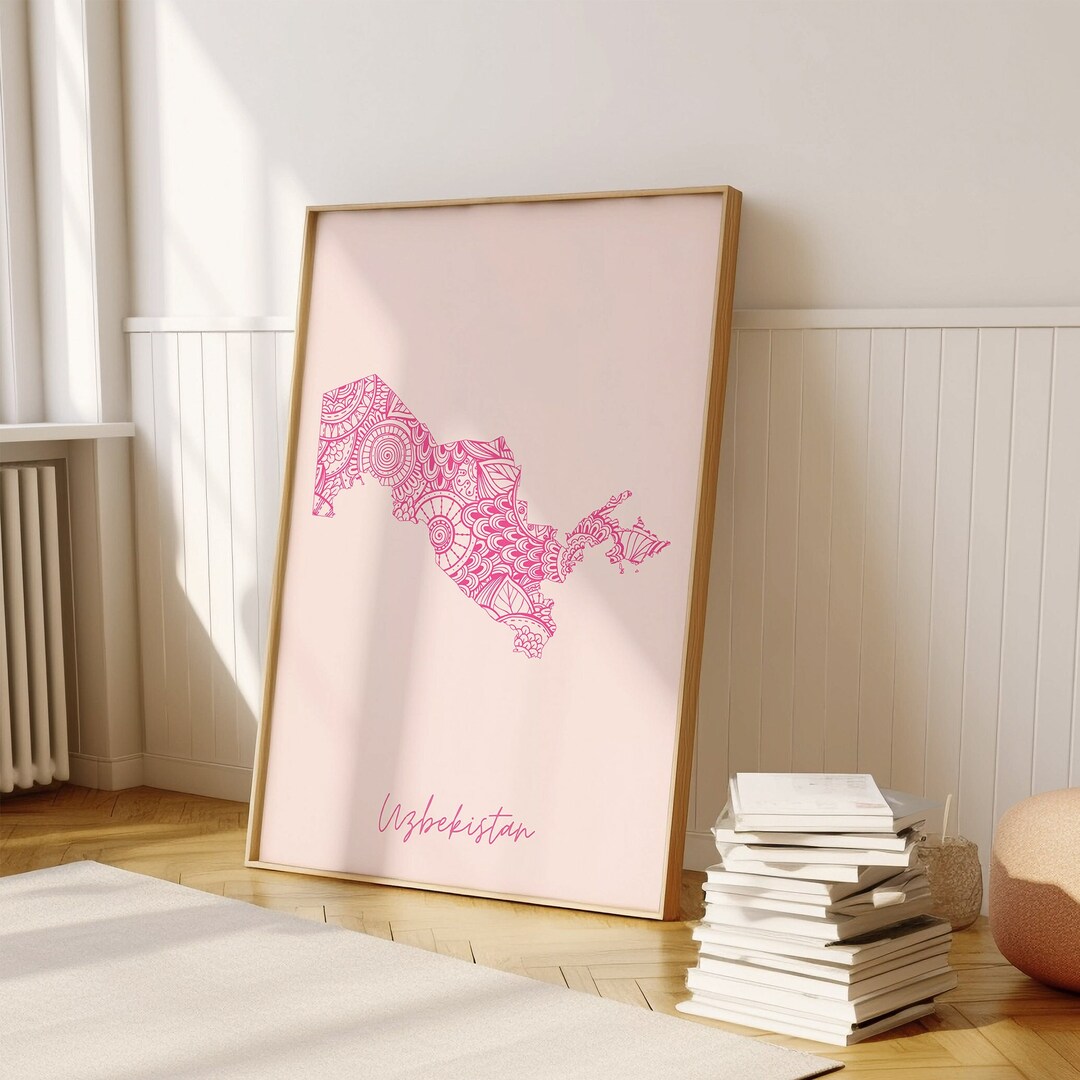 Uzbekistan Digital Pink Minimal Map Print Wall Art, Uzbekistan Minimal ...