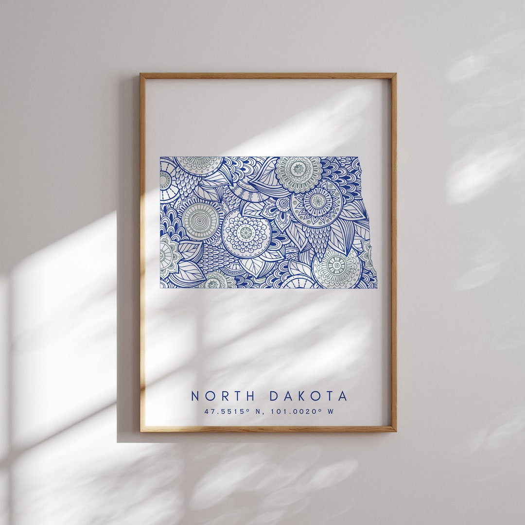 North Dakota US State Blue Minimal Style Map Print, North Dakota USA ...