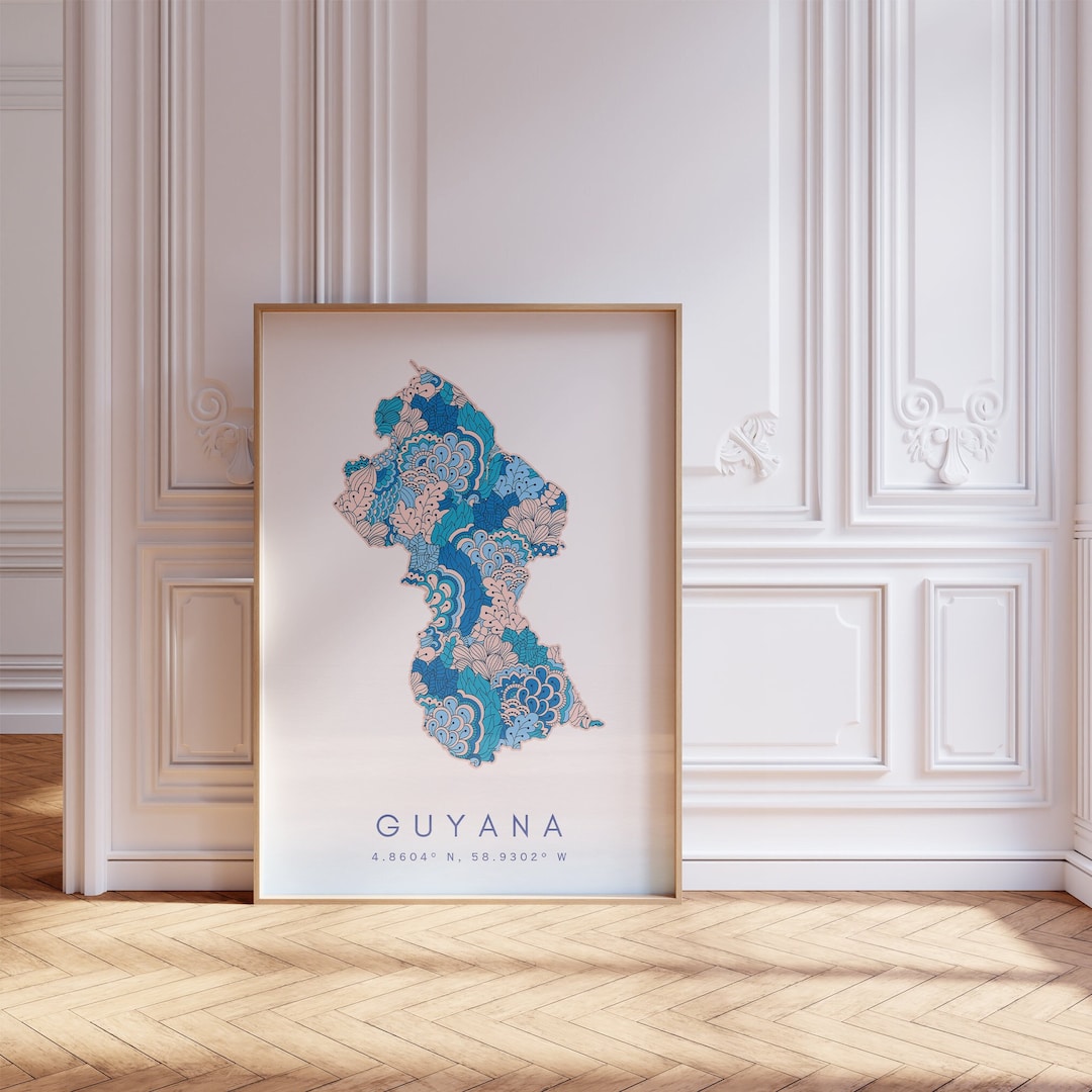 Guyana Designer Map Print Blue Wall Art, Guyana Art Print Decor for ...