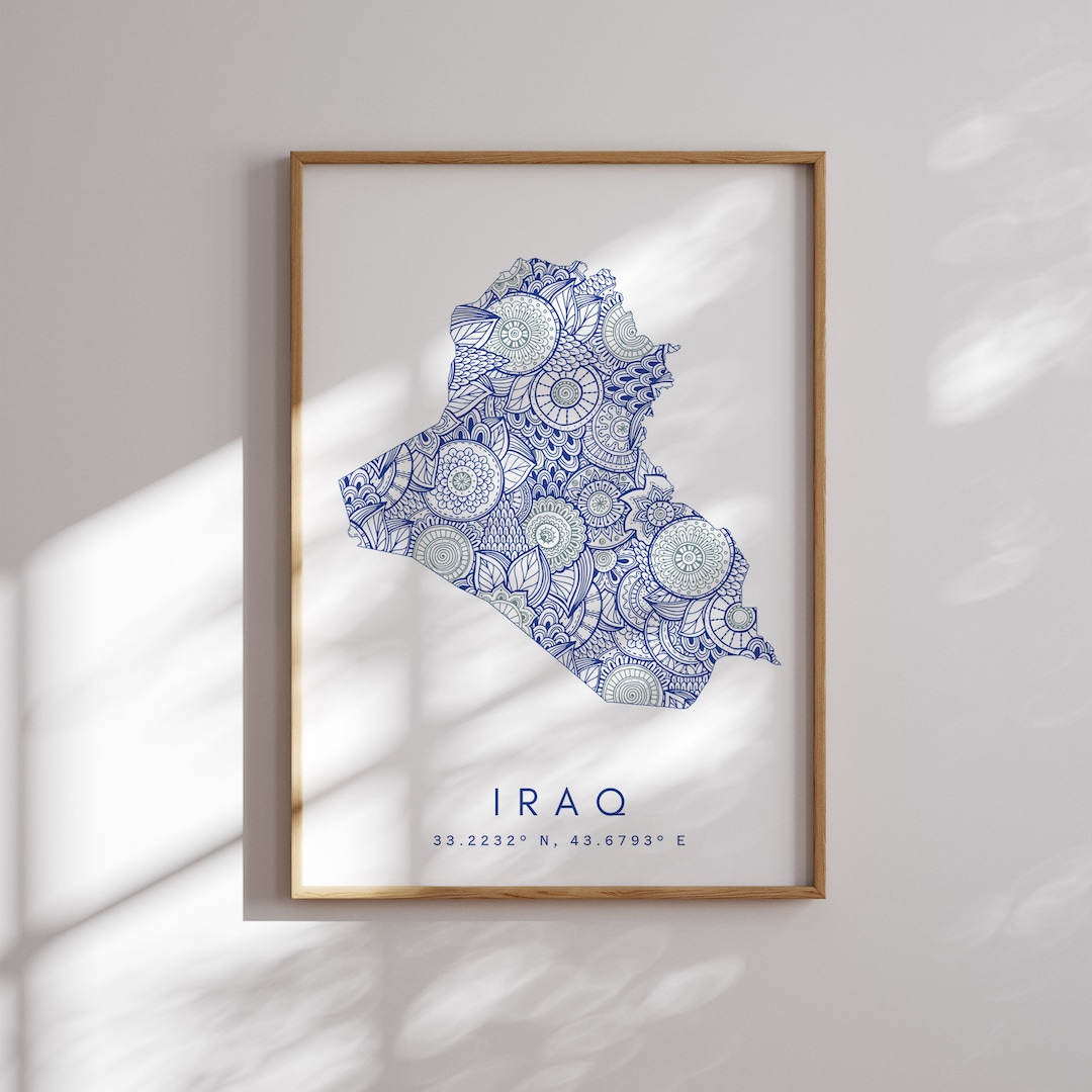 Iraq Map Print Minimal Style Blue Wall Art, Iraq Art Print Decor for ...
