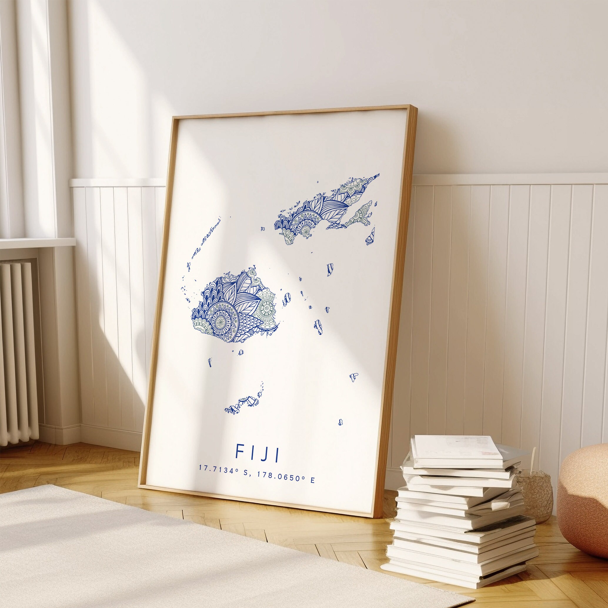 Fiji Map Print Minimal Style Blue Wall Art, Fiji Art Print Decor for ...