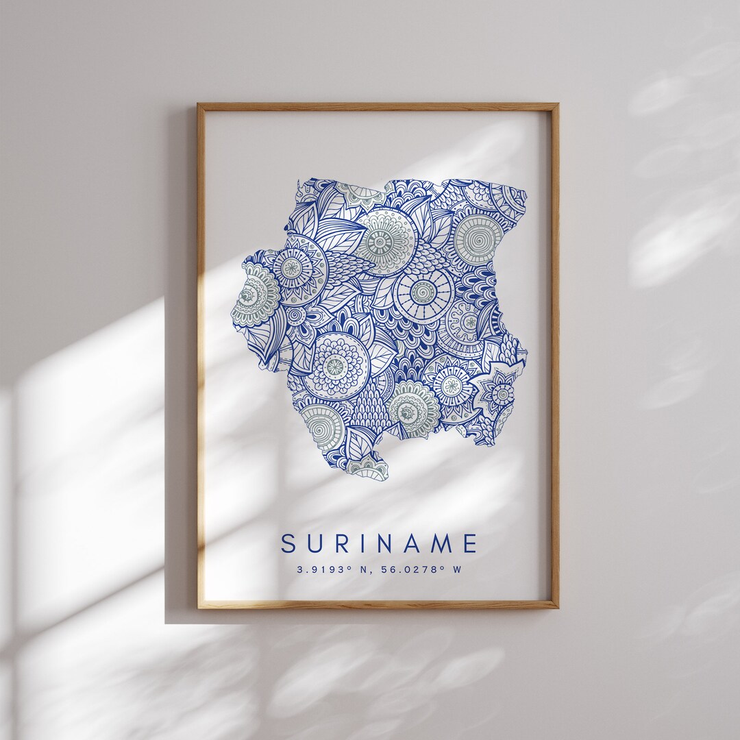 Suriname Map Print Minimal Style Blue Wall Art, Suriname Art Print ...
