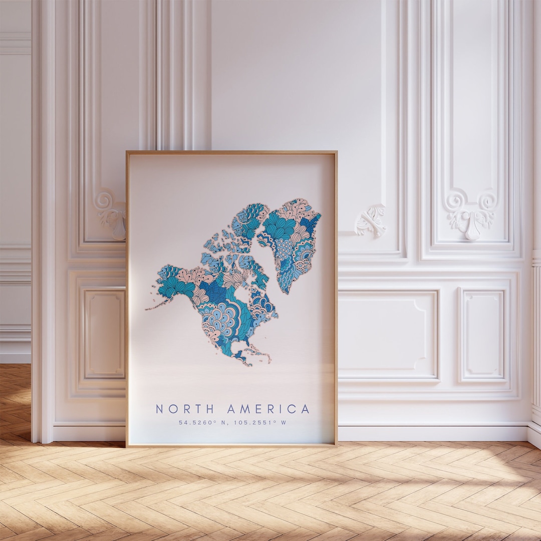 North America Designer Map Print Blue Wall Art, North America Art Print ...