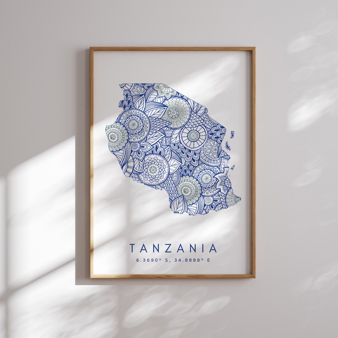 Tanzania Map Print Minimal Style Blue Wall Art, Tanzania Art Print ...