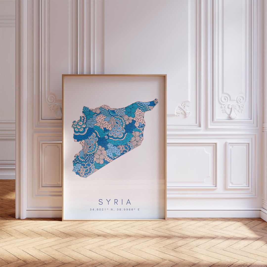 Syria Map Print Minimal Style Pastel Blue Wall Art, Syria Art Print ...