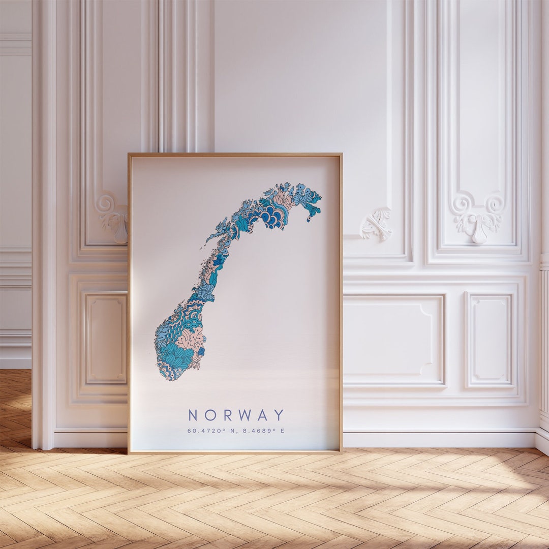 Norway Map Print Minimal Style Pastel Blue Wall Art, Norway Art Print ...