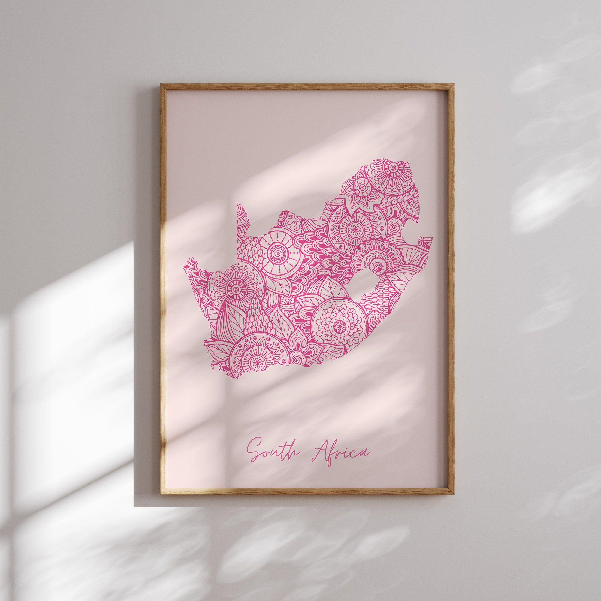 South Africa Digital Pink Minimal Map Print Wall Art, South Africa Map ...