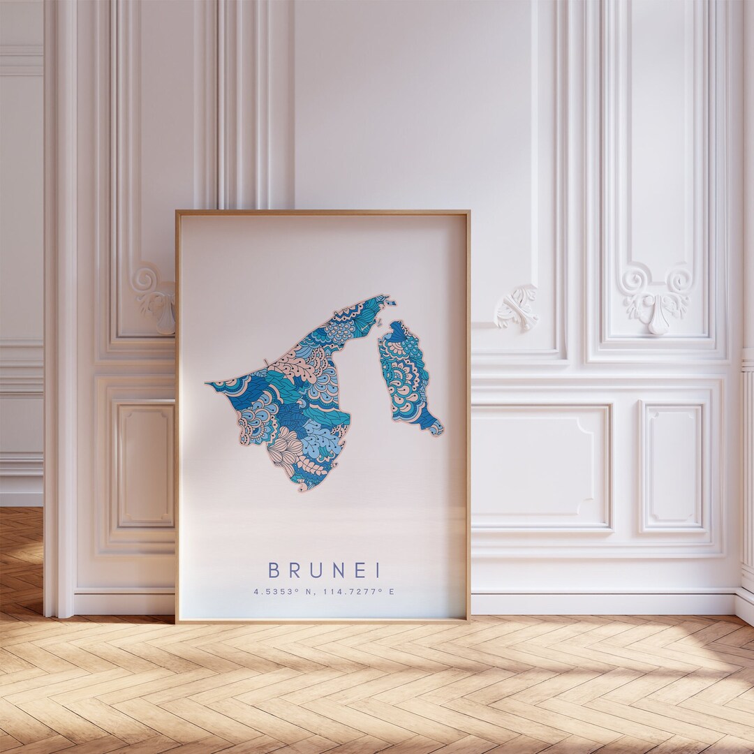 Brunei Designer Map Print Blue Wall Art, Brunei Art Print Decor for ...
