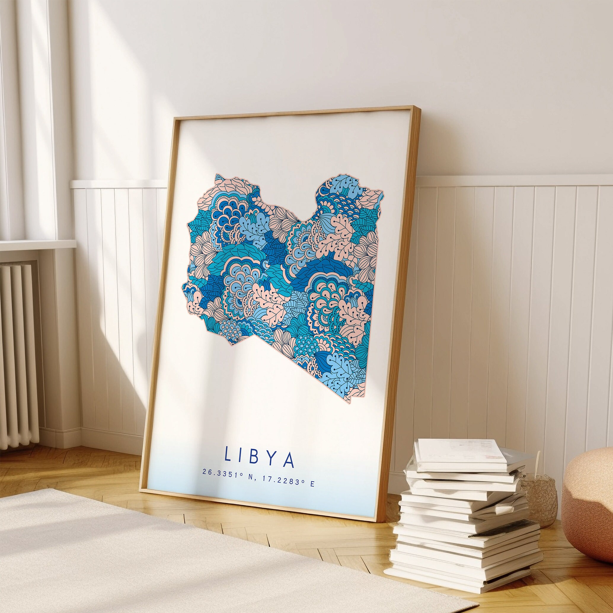 Libya Map Print Minimal Style Pastel Blue Wall Art, Libya Art Print ...