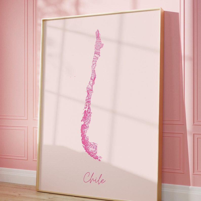 Chile Digital Pink Minimal Map Print Wall Art, Chile Map Art Print ...