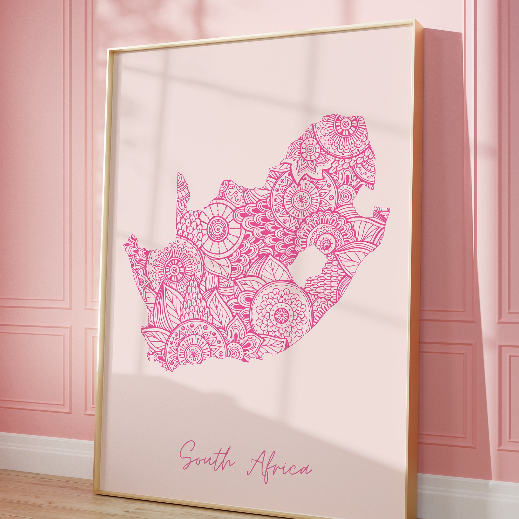 South Africa Digital Pink Minimal Map Print Wall Art, South Africa Map ...