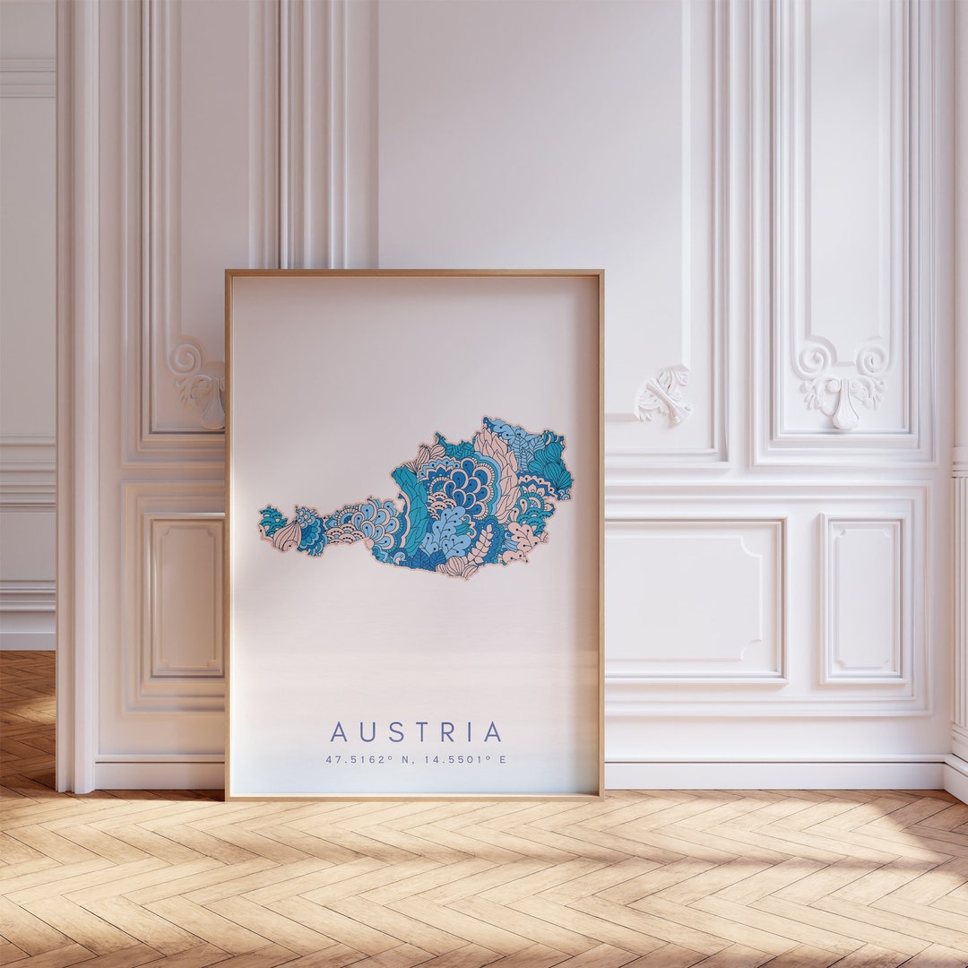 Austria Designer Map Print Blue Wall Art, Austria Art Print Decor for ...