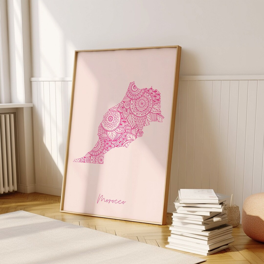 Morocco Digital Pink Minimal Map Print Wall Art, Morocco Map Art Print ...