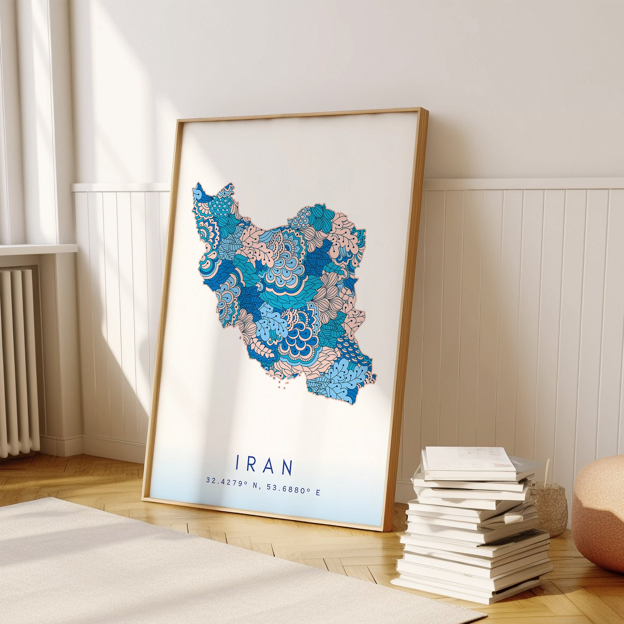 Iran Japanese Design Map Print Blue Wall Art, Iran Art Print Decor for ...