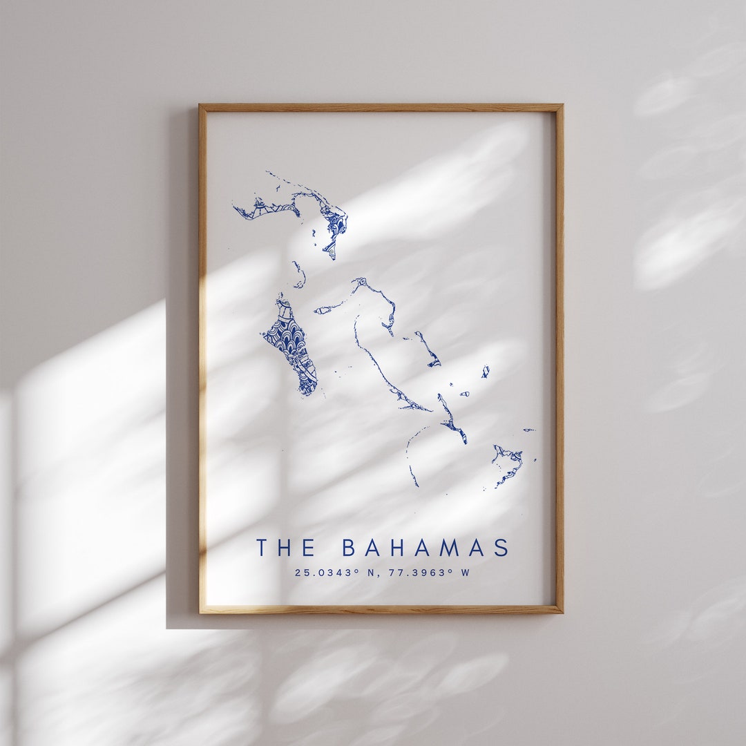 Bahamas Map Print Minimal Style Blue Wall Art, Bahamas Art Print Decor ...