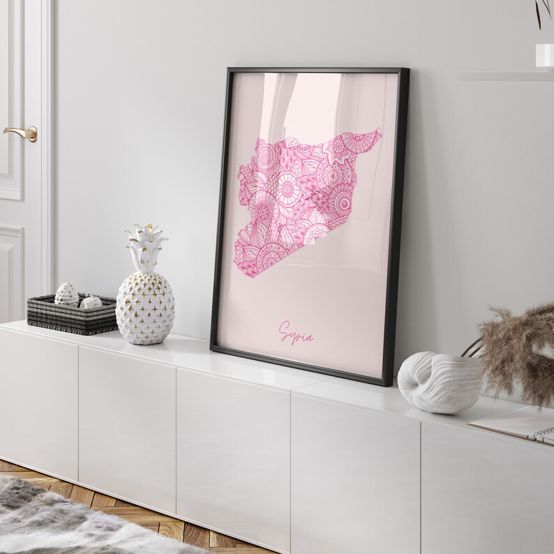 Syria Digital Pink Minimal Map Print Wall Art, Syria Map Art Print ...