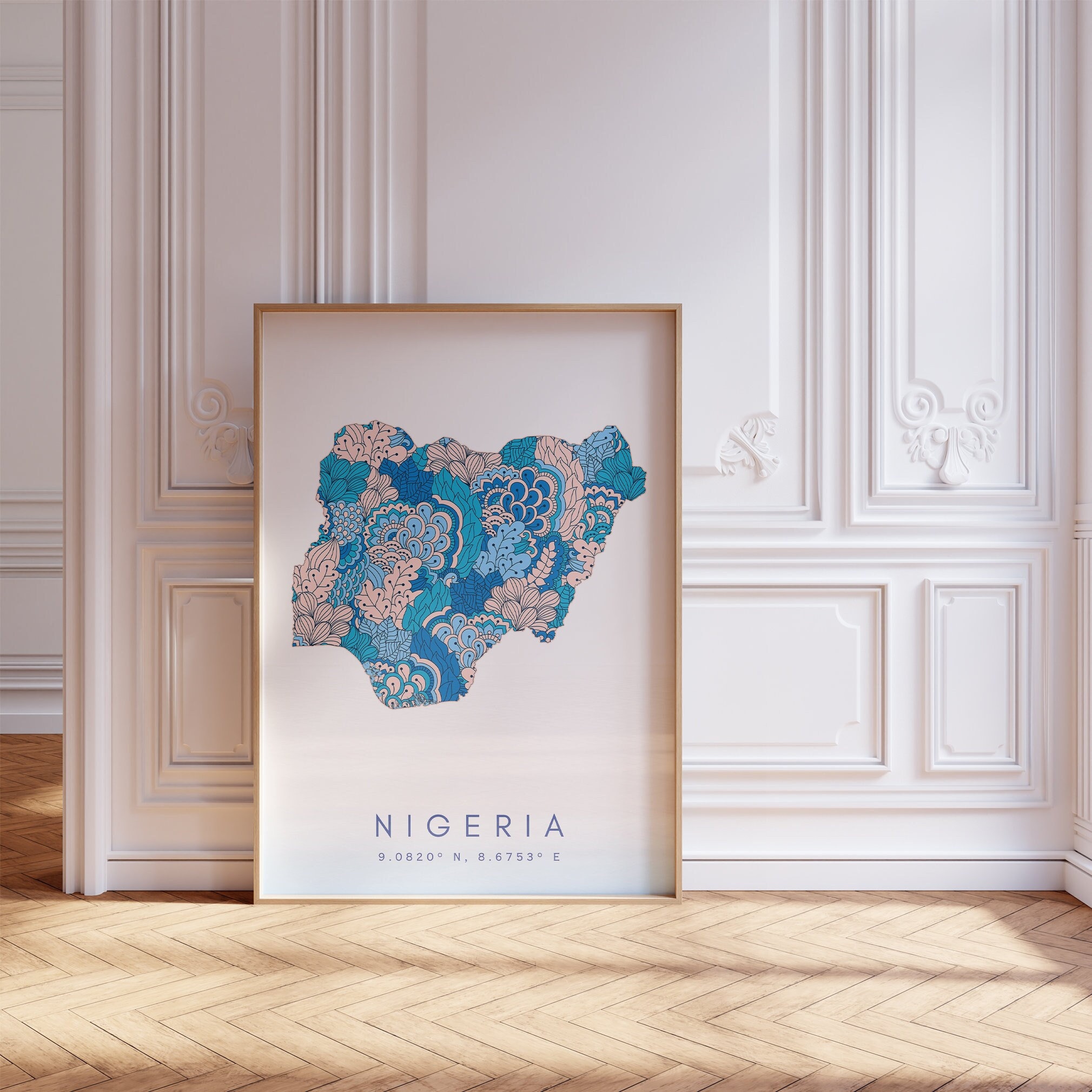Nigeria Map Print Minimal Style Pastel Blue Wall Art, Nigeria Art Print ...