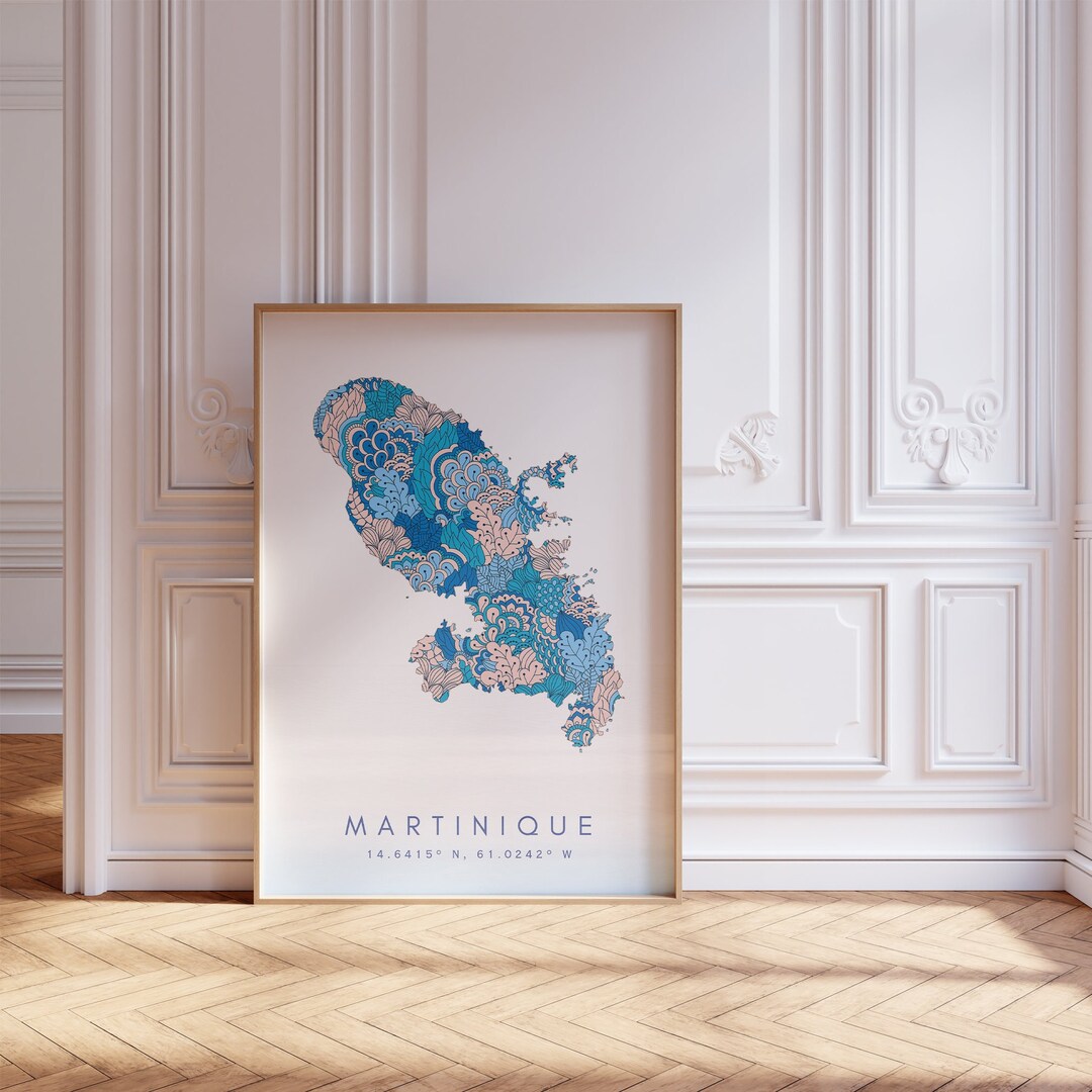 Martinique Map Print Minimal Style Pastel Blue Wall Art, Martinique Art ...