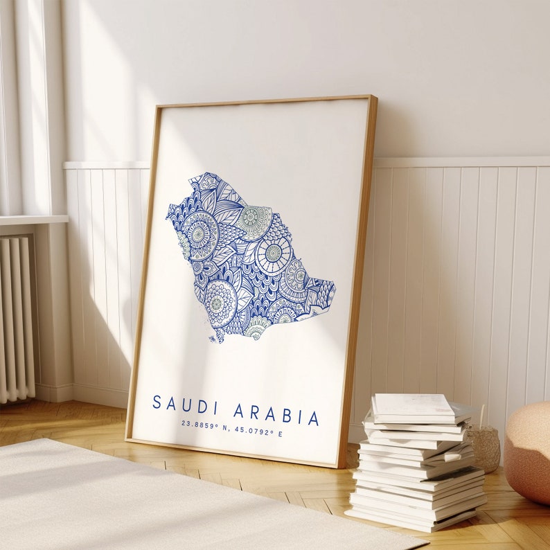 Saudi Arabia Map Print Minimal Style Blue Wall Art, Saudi Arabia Art ...