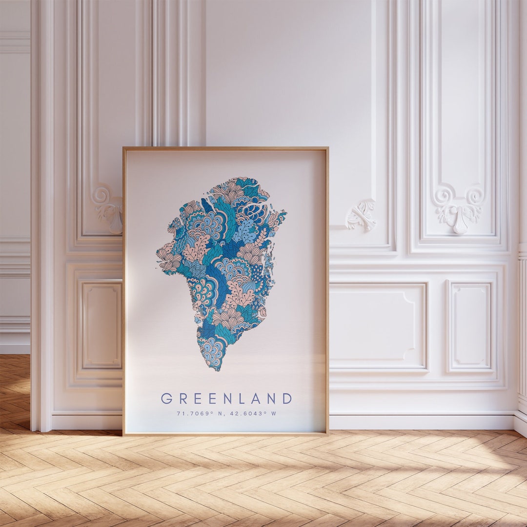 Greenland Designer Map Print Blue Wall Art, Greenland Art Print Decor ...