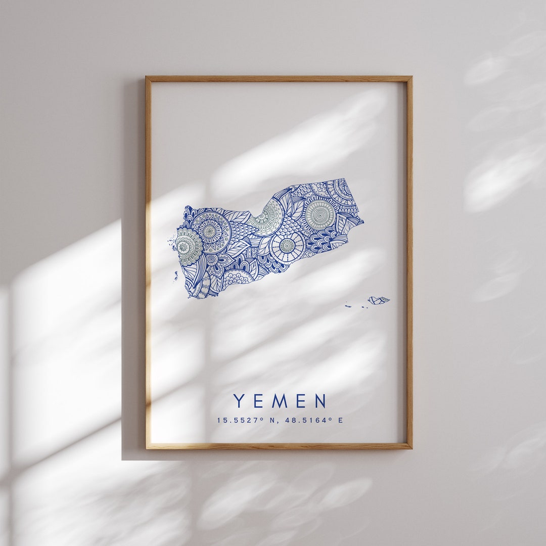 Yemen Map Print Minimal Style Blue Wall Art, Yemen Art Print Decor for ...