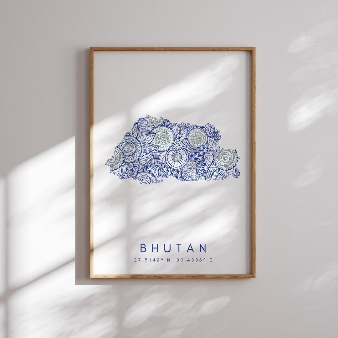 Bhutan Map Print Minimal Style Blue Wall Art, Bhutan Art Print Decor ...