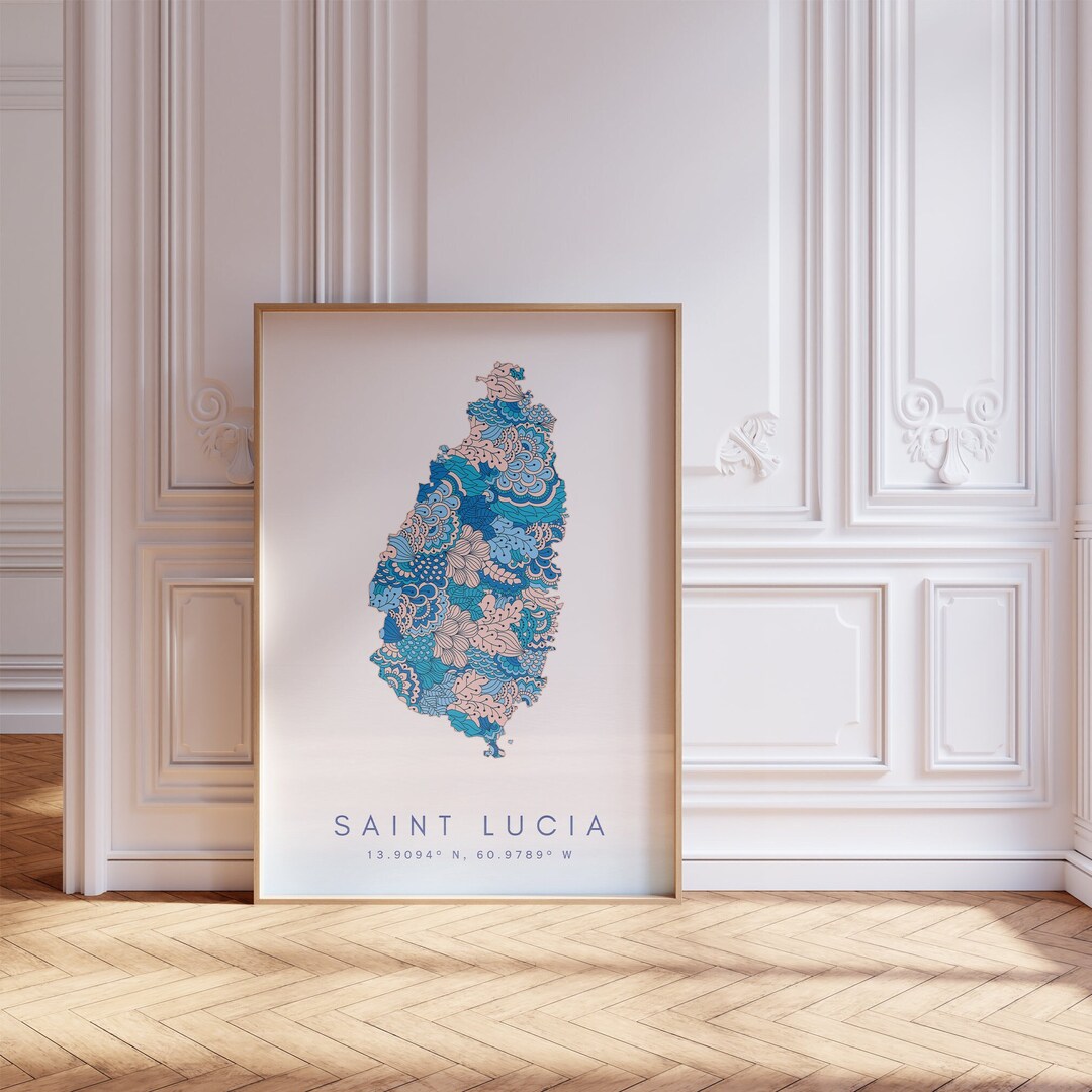 Saint Lucia Map Print Minimal Style Pastel Bue Wall Art, St. Lucia Art ...