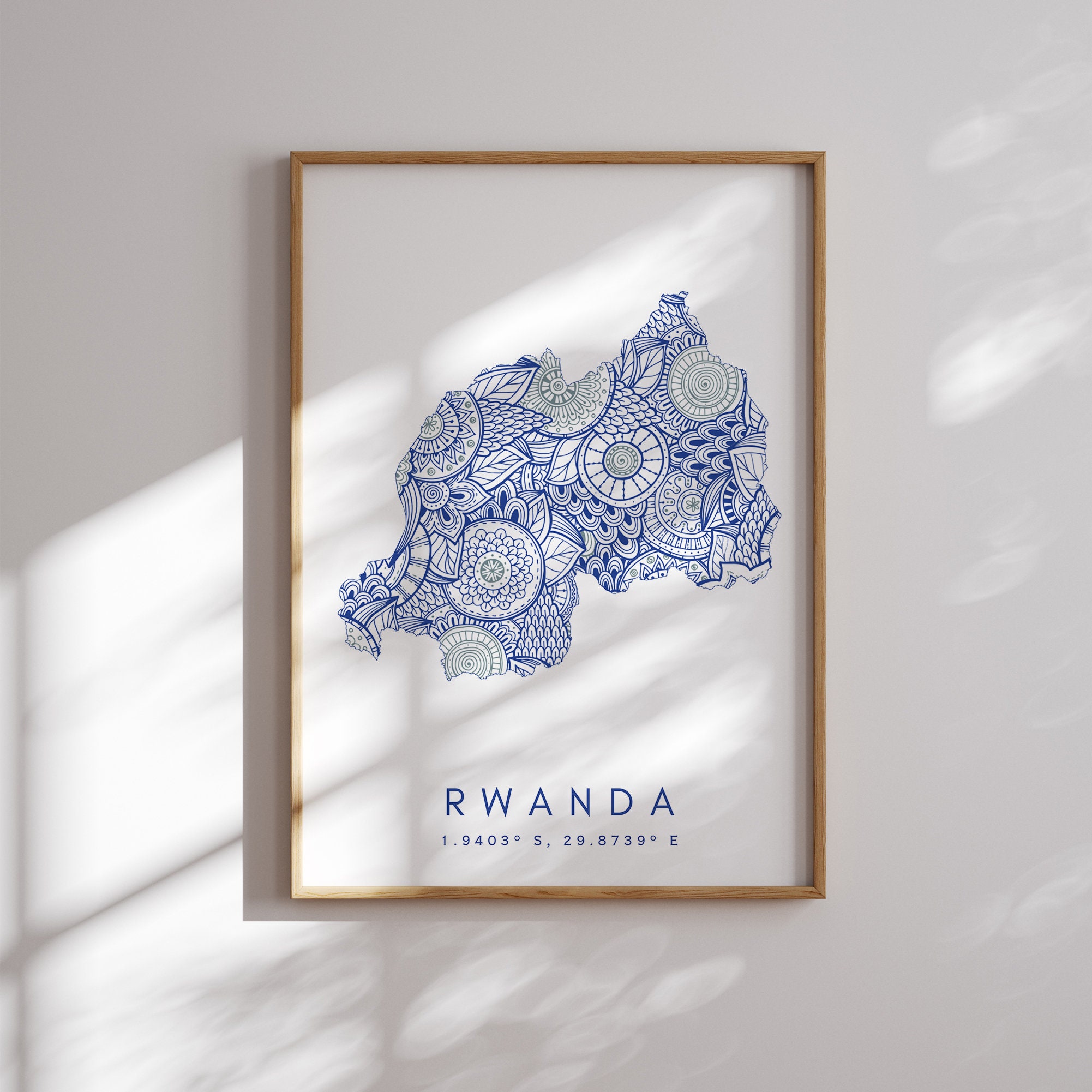 Rwanda Map Print Minimal Style Blue Wall Art, Rwanda Art Print Decor ...