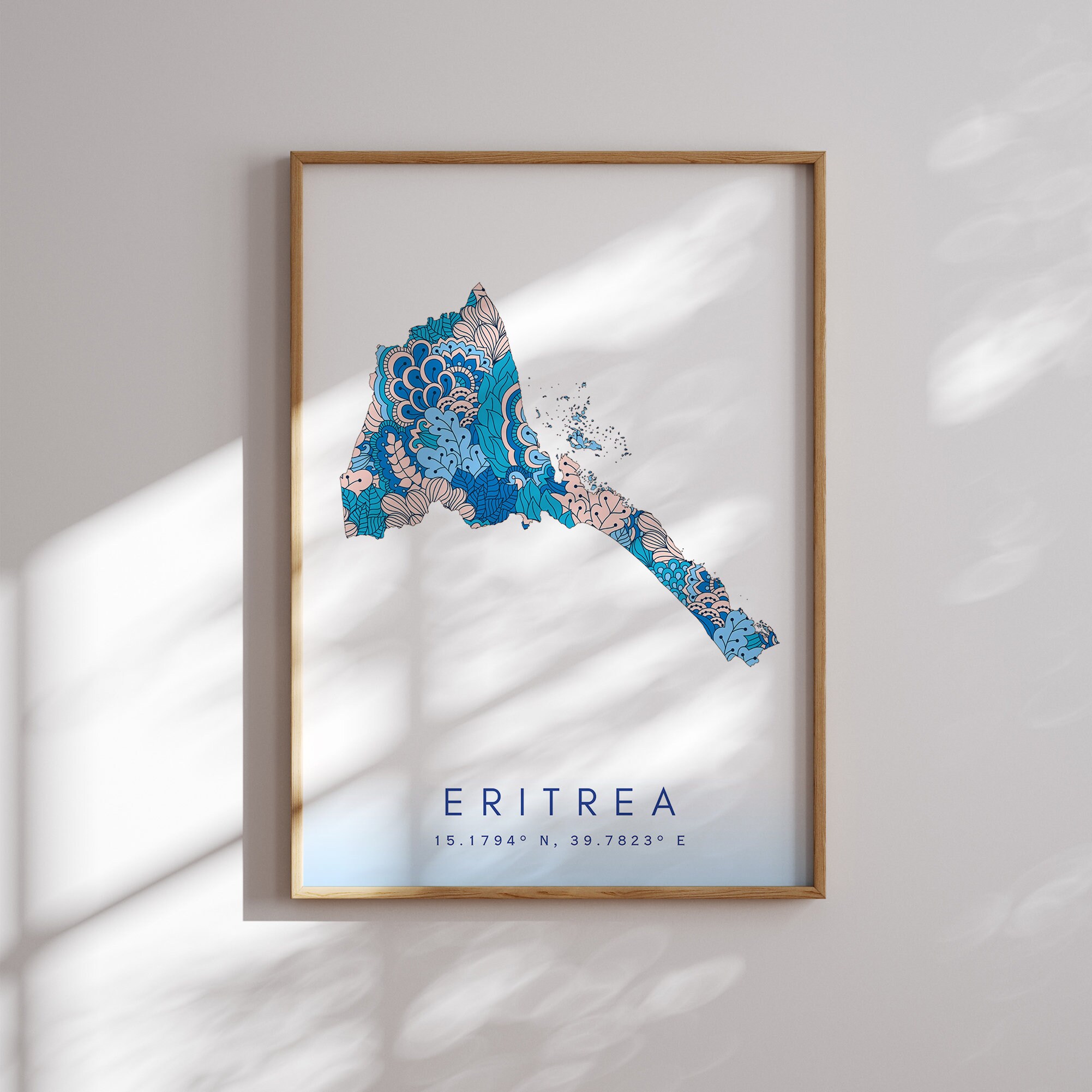 Eritrea Designer Map Print Blue Wall Art, Eritrea Art Print Decor for ...