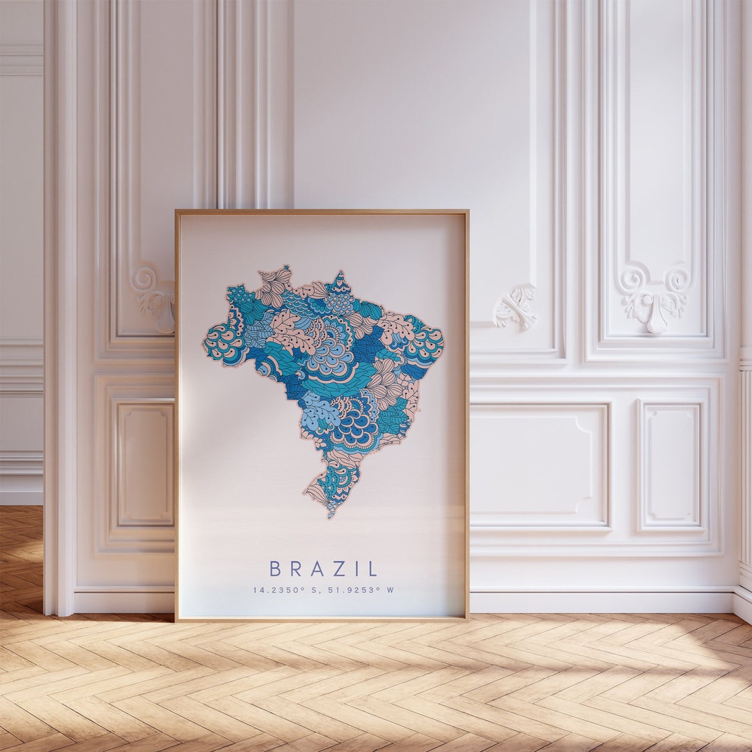 Brazil Designer Map Print Blue Wall Art, Brazil Art Print Decor for ...
