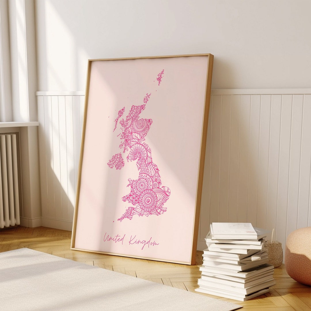 United Kingdom Digital Pink Minimal Map Print Wall Art, United Kingdom ...