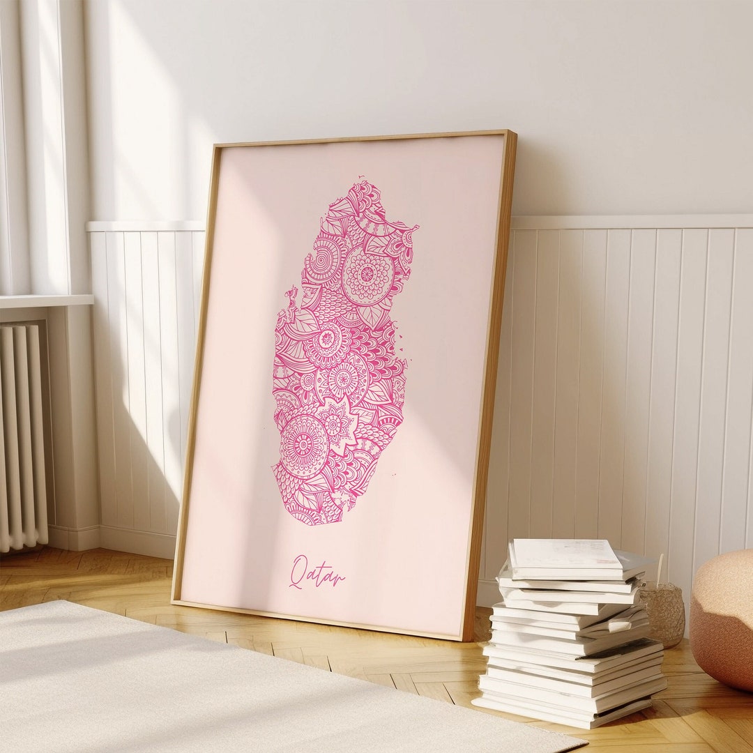 Qatar Digital Pink Minimal Map Print Wall Art, Qatar Map Art Print ...
