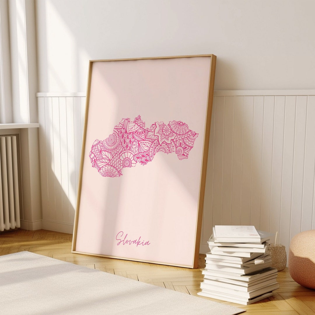 Slovakia Digital Pink Minimal Map Print Wall Art, Slovakia Map Art ...