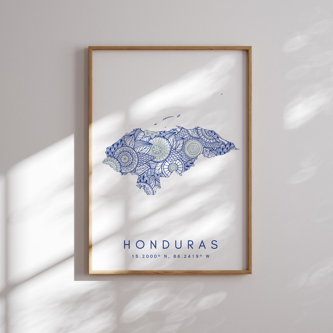 Honduras Map Print Minimal Style Blue Wall Art, Honduras Art Print ...