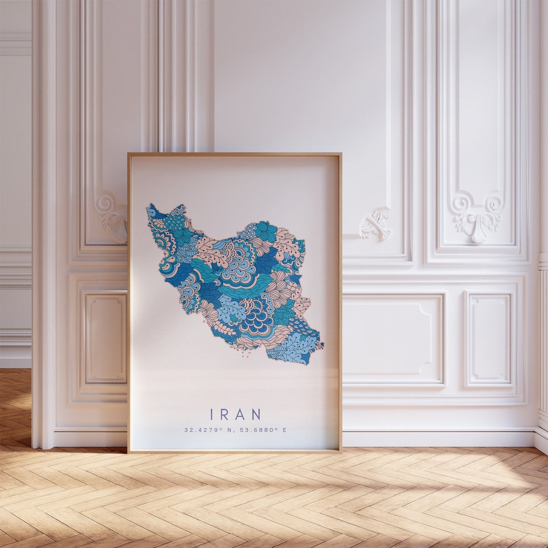 Iran Japanese Design Map Print Blue Wall Art, Iran Art Print Decor for ...