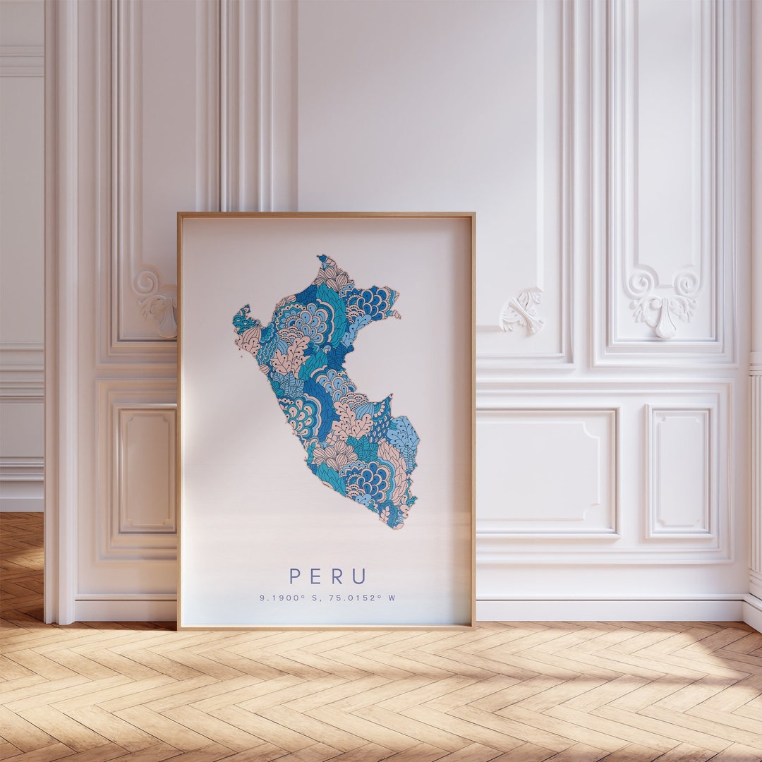 Peru Map Print Minimal Style Pastel Blue Wall Art, Peru Art Print Decor ...