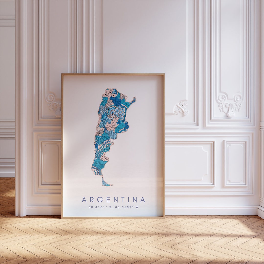Argentina Designer Map Print Blue Wall Art, Argentina Art Print Decor ...