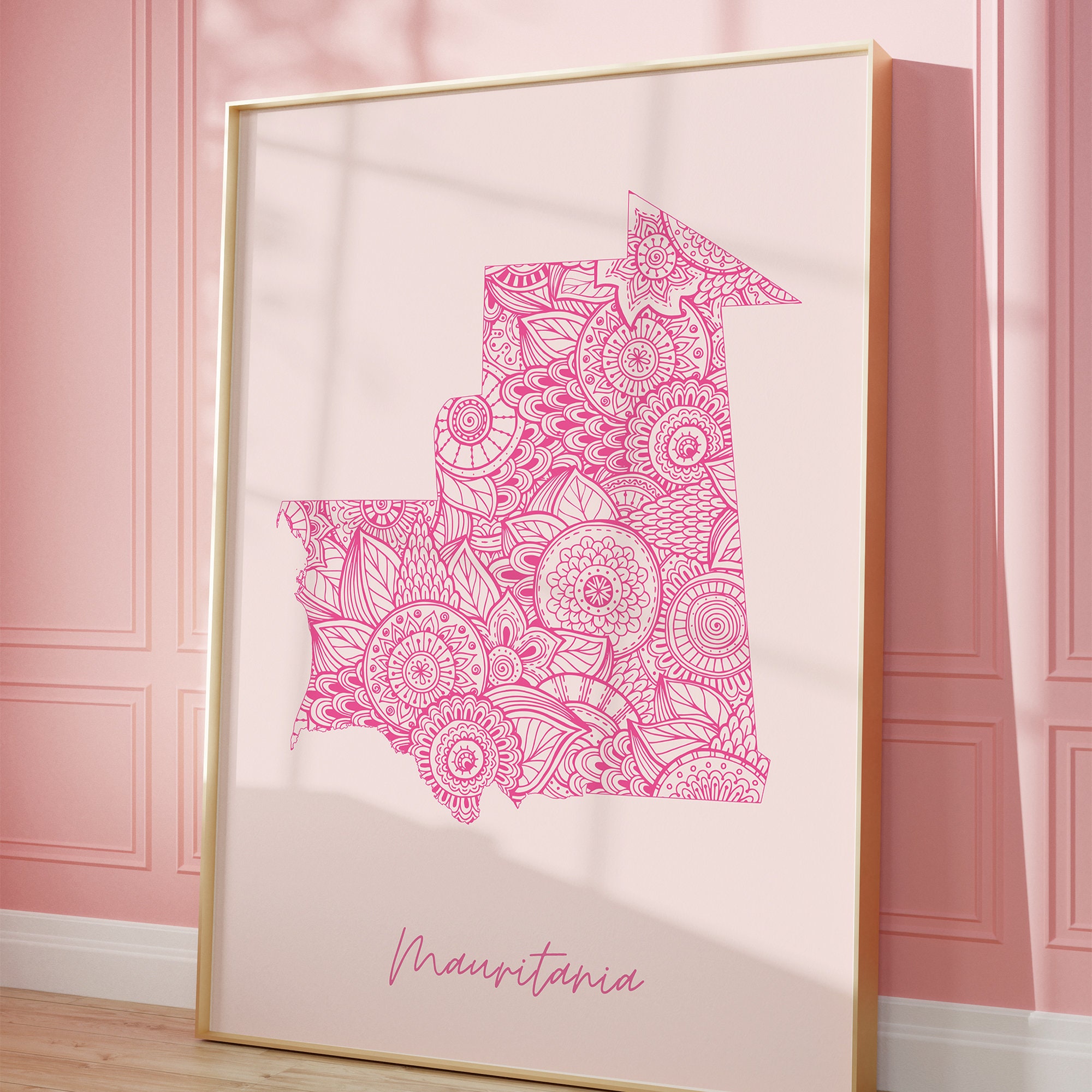 Mauritania Digital Pink Minimal Map Print Wall Art, Mauritania Map Art ...