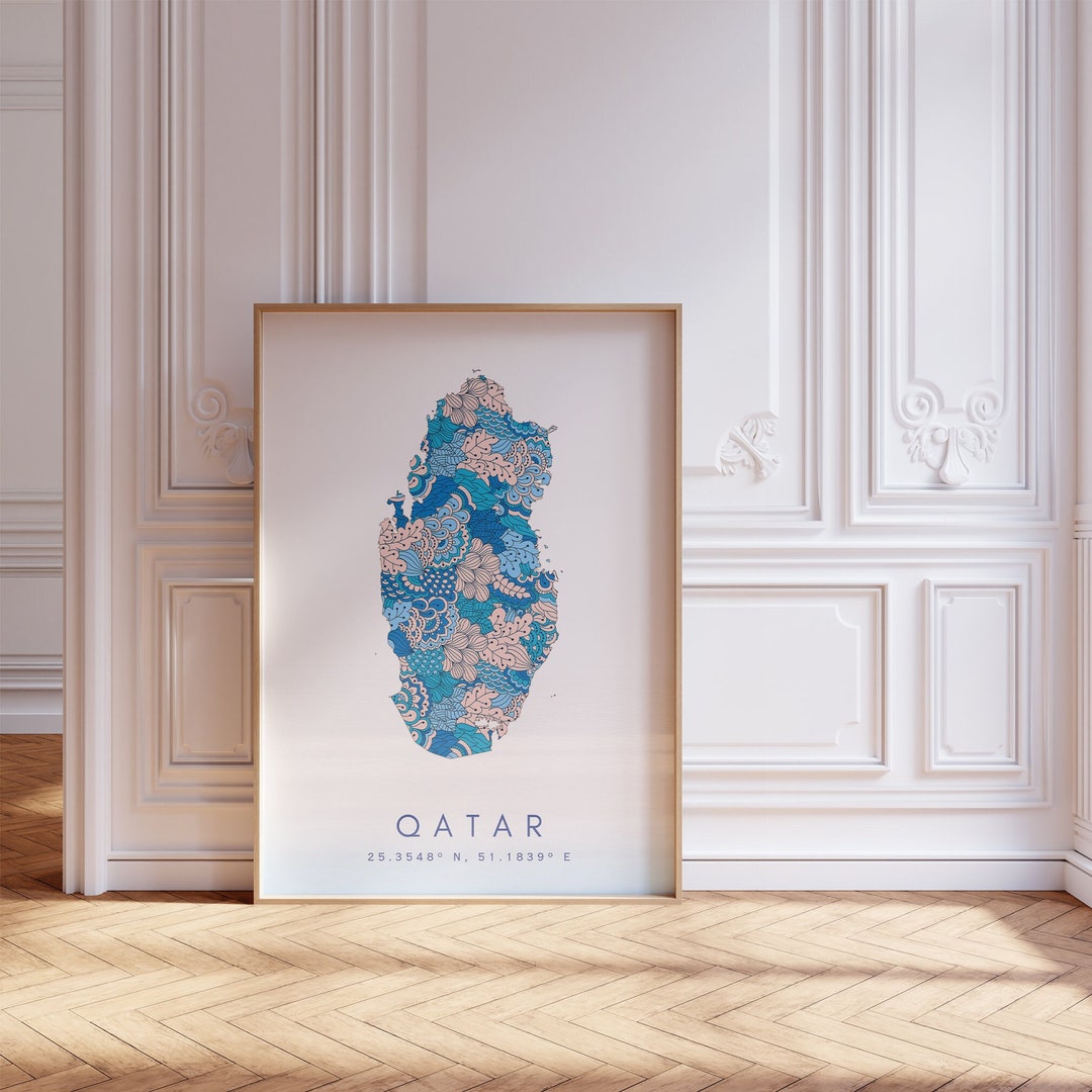 Qatar Map Print Minimal Style Pastel Blue Wall Art, Qatar Art Print ...