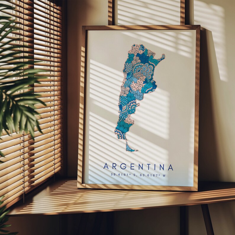 Argentina Designer Map Print Blue Wall Art, Argentina Art Print Decor ...
