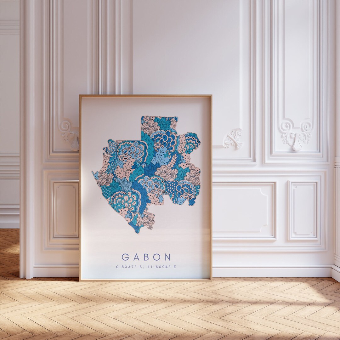 Gabon Designer Map Print Blue Wall Art, Gabon Art Print Decor for Home ...
