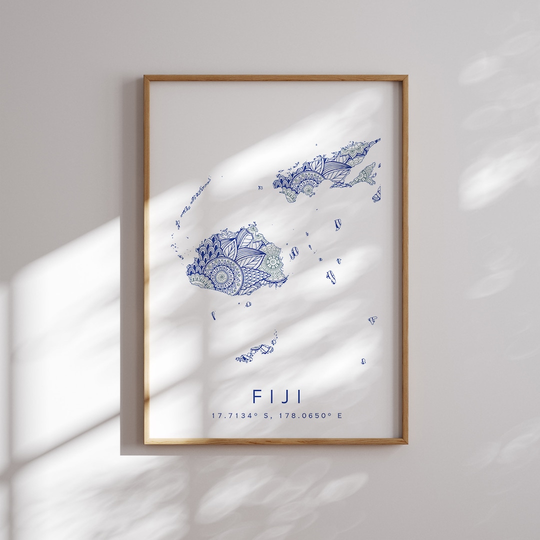 Fiji Map Print Minimal Style Blue Wall Art, Fiji Art Print Decor for ...